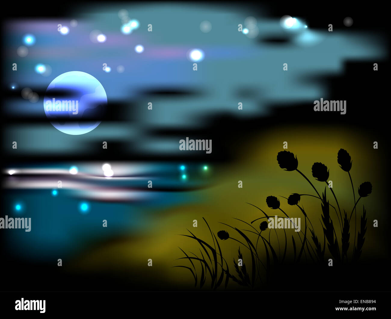 Night landscape with moon and stars. EPS10 vector illustration Stock ...
