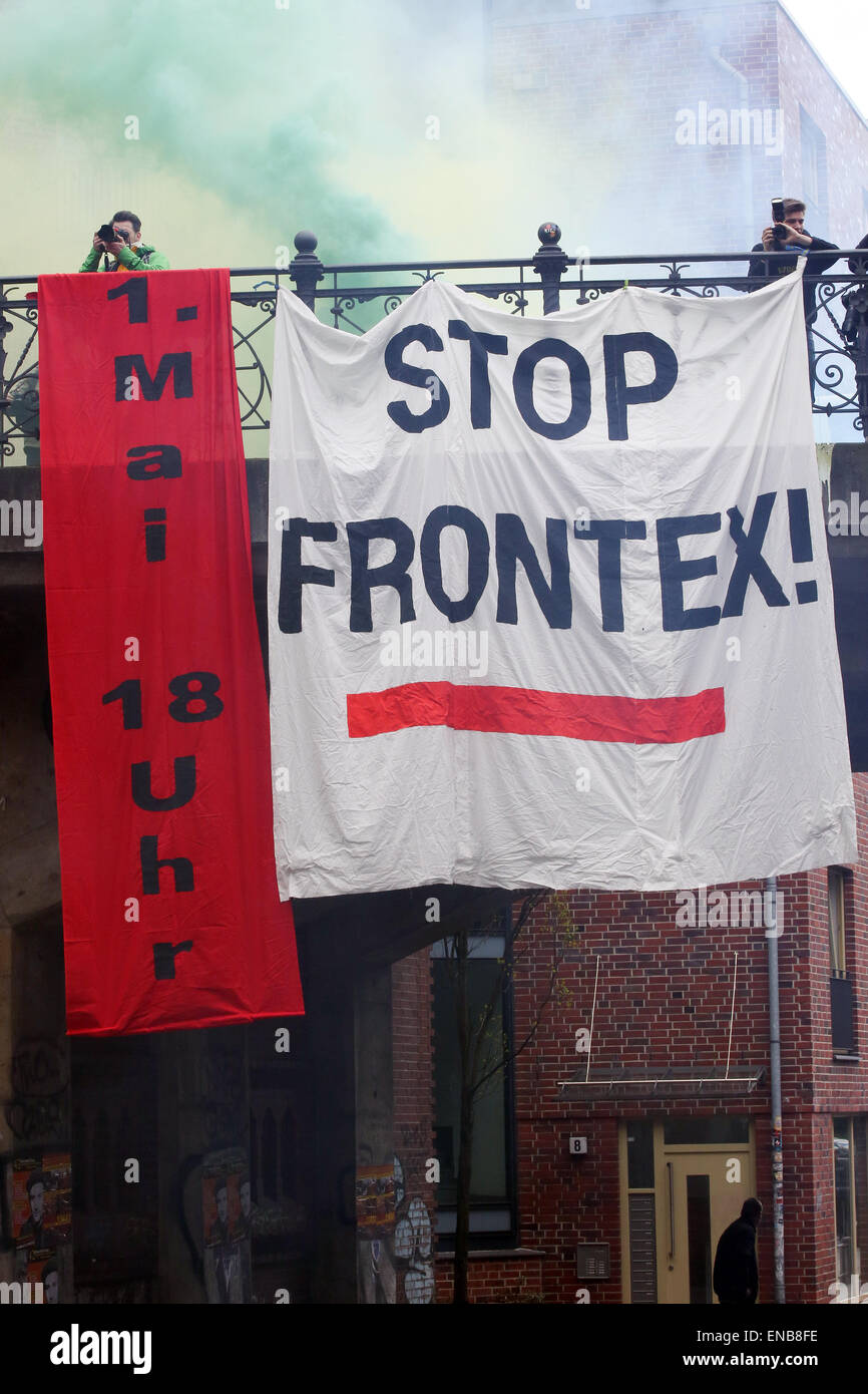 Hamburg, Germany. 01st May, 2015. A 'Stop Frontex' banner hangs on a ...