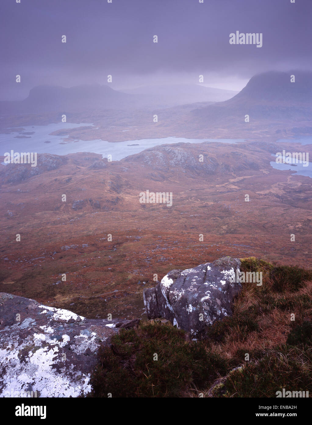 Inverpolly nature reserve viewed from Stac Pollaidh in misty conditions ...