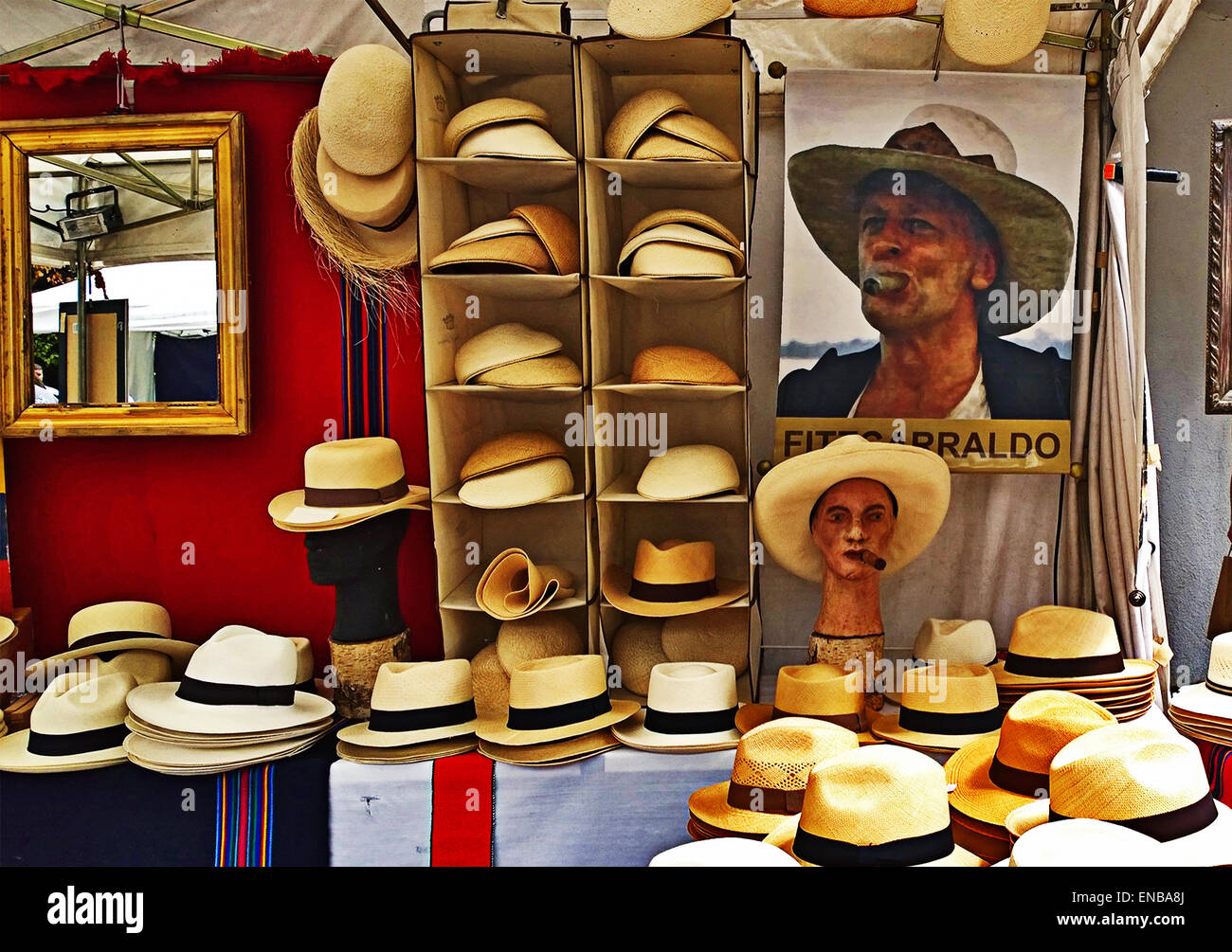Great assortment of man straw hats panama style at a fair kiosk Stock ...