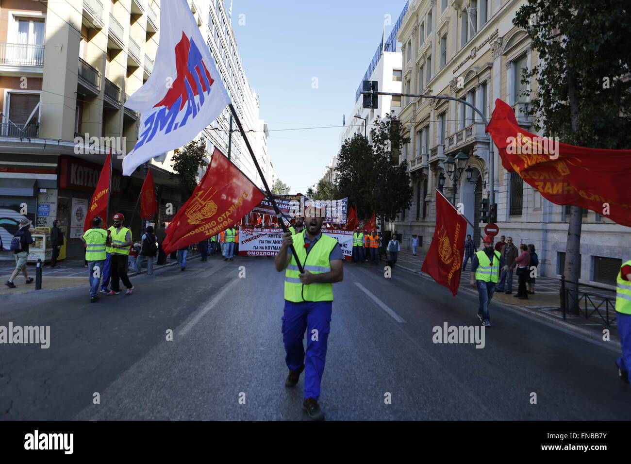 Athens, Greece. 1st May 2015. The PAME May Day march is lead by large ...