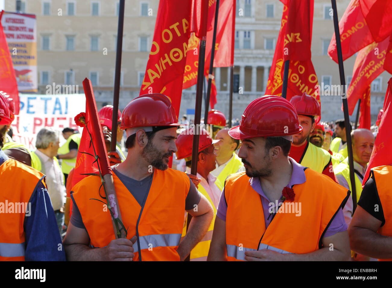 Athens, Greece. 1st May 2015. Construction workers listen to the final ...