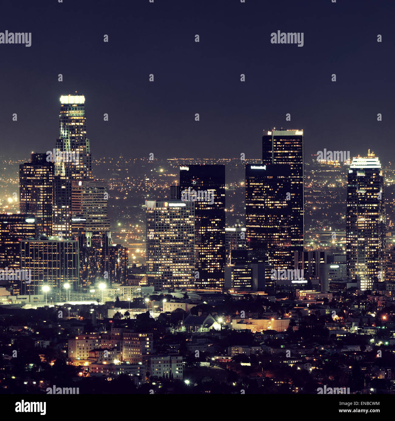 Los Angeles downtown buildings at night Stock Photo - Alamy