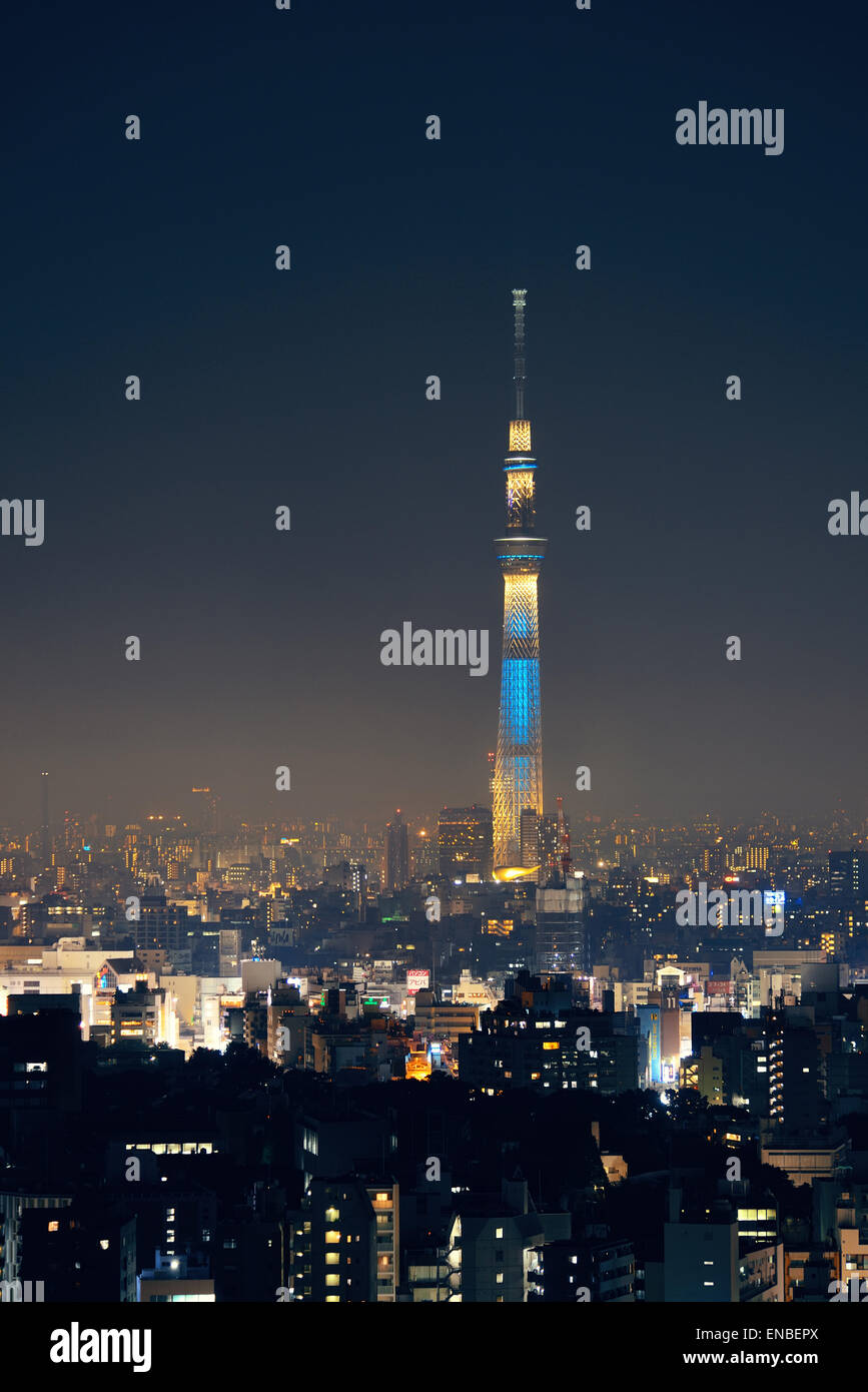 Tokyo Skytree and urban skyline rooftop view at night, Japan Stock ...