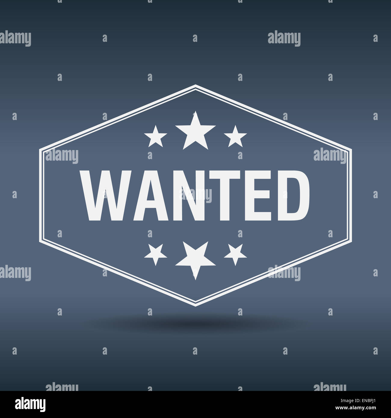 wanted hexagonal white vintage retro style label Stock Photo - Alamy