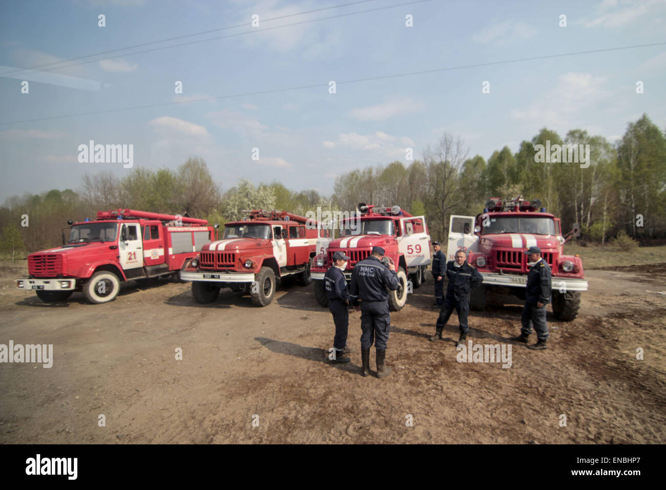 Chernobyl, Ukraine. 1st May, 2015. Ukrainian firemen rest and pump ...