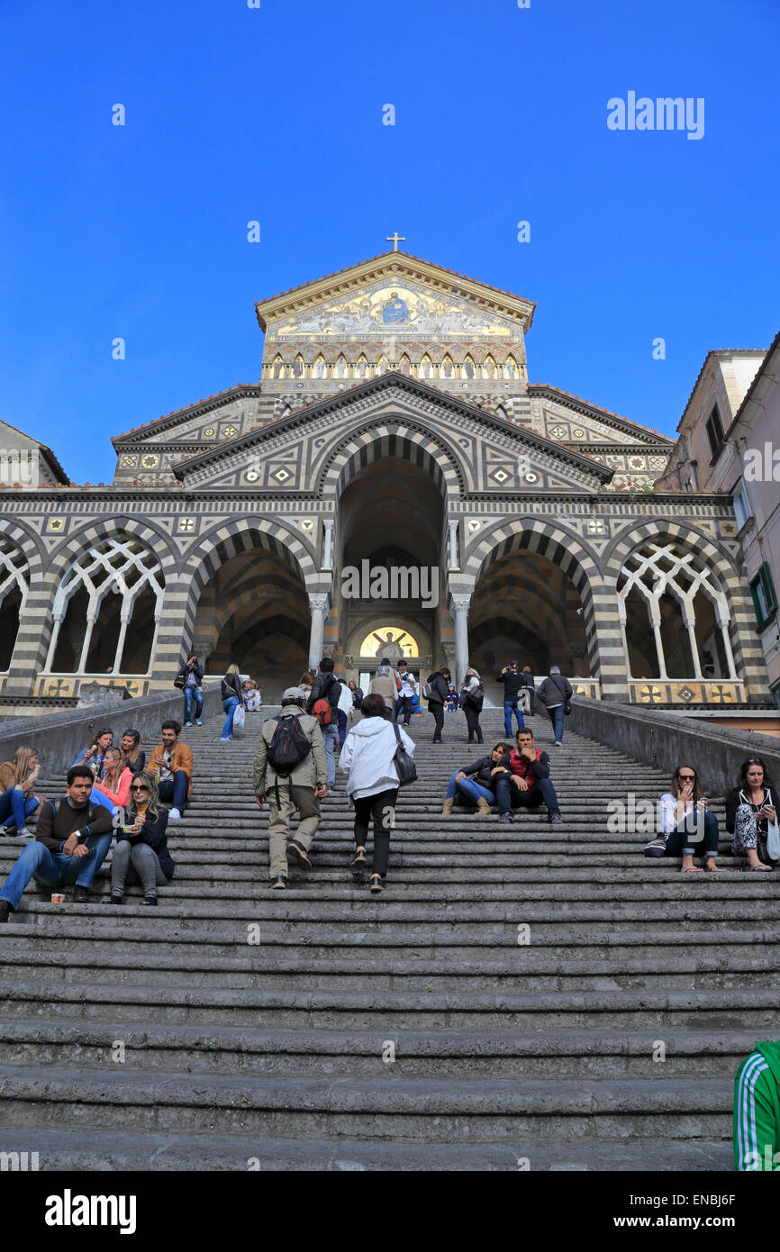 Tourists on steps leading to the Duomo di Sant Andrea, Amalfi, Italy ...