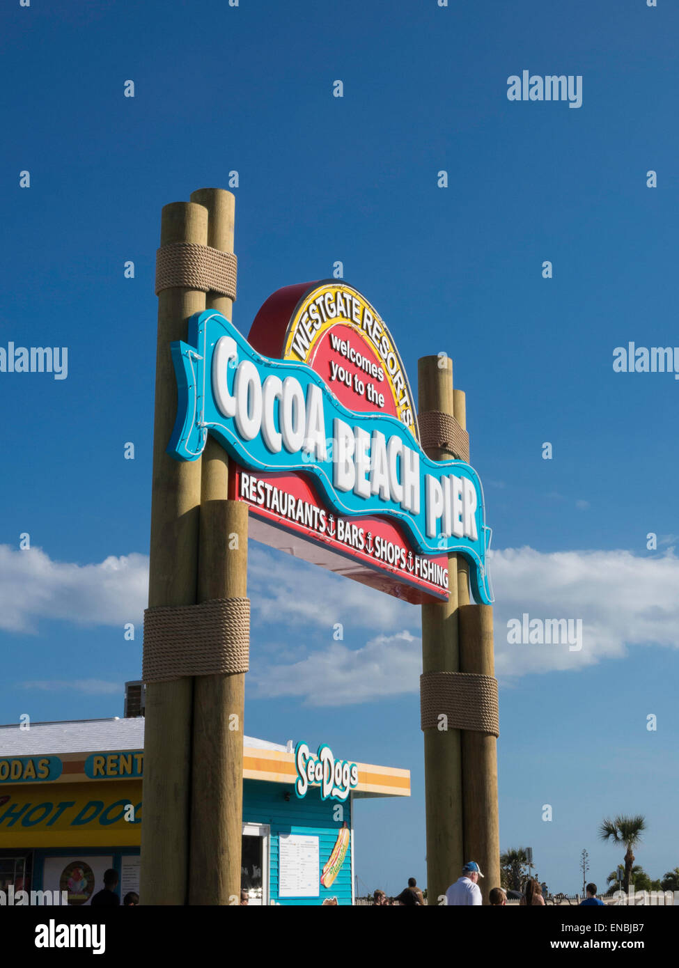 Cocoa Beach Pier Signpost, Florida, USA Stock Photo - Alamy