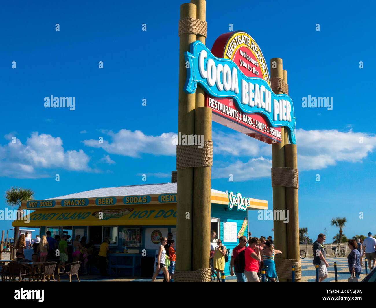 Cocoa Beach Pier Signpost, Florida, USA Stock Photo - Alamy