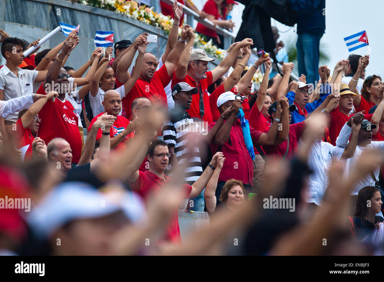 Havana, Cuba. 1st May, 2015. Cubans and foreign guests watch the parade ...