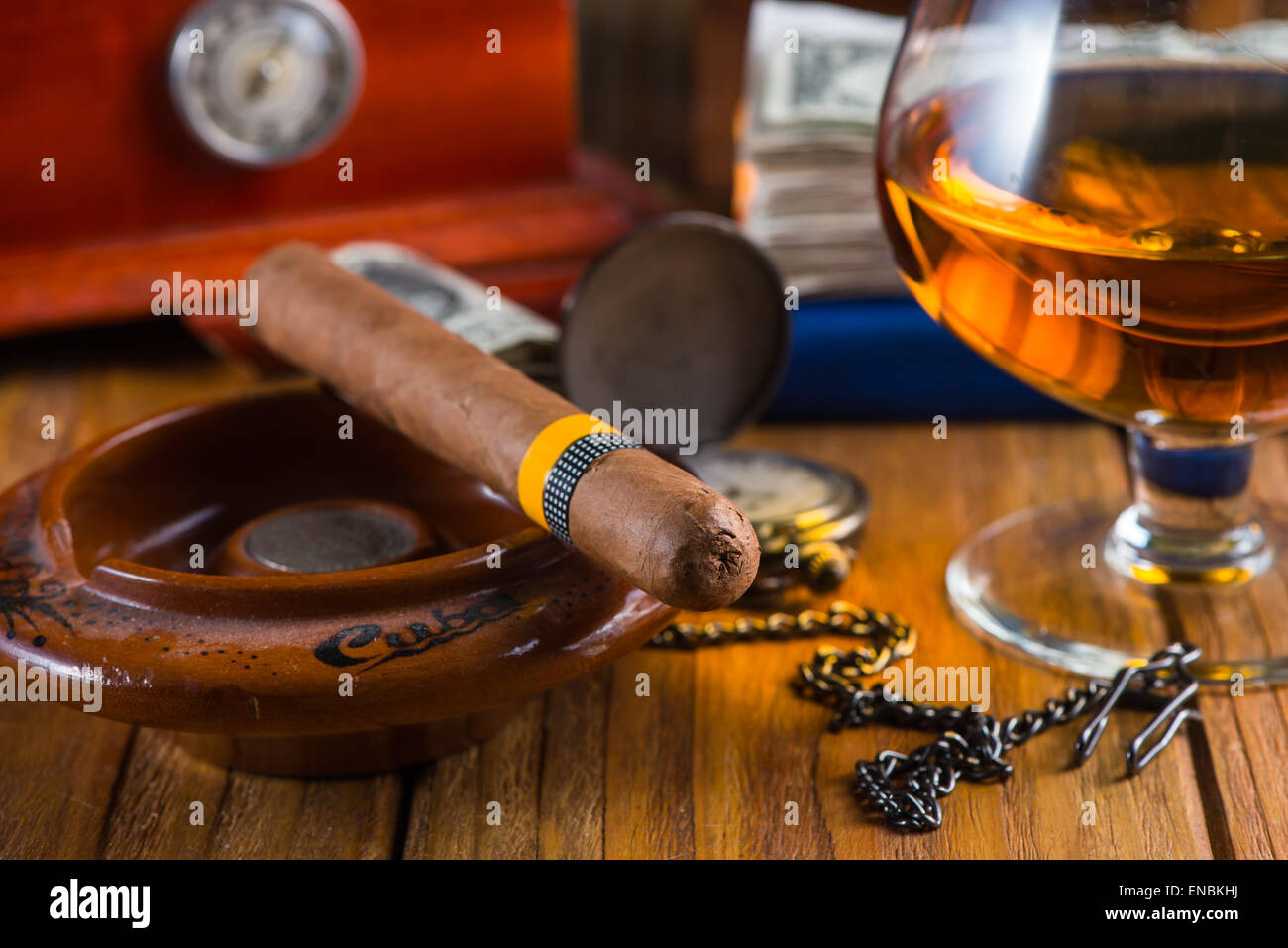 Cuban cigar with items related to travel,business and Cuba Stock Photo ...