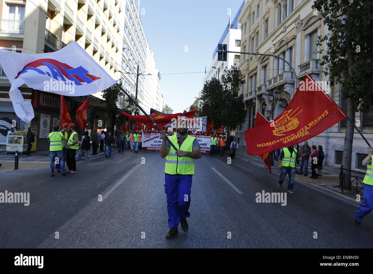 Athens, Greece. 01st May, 2015. The PAME May Day march is lead by large ...