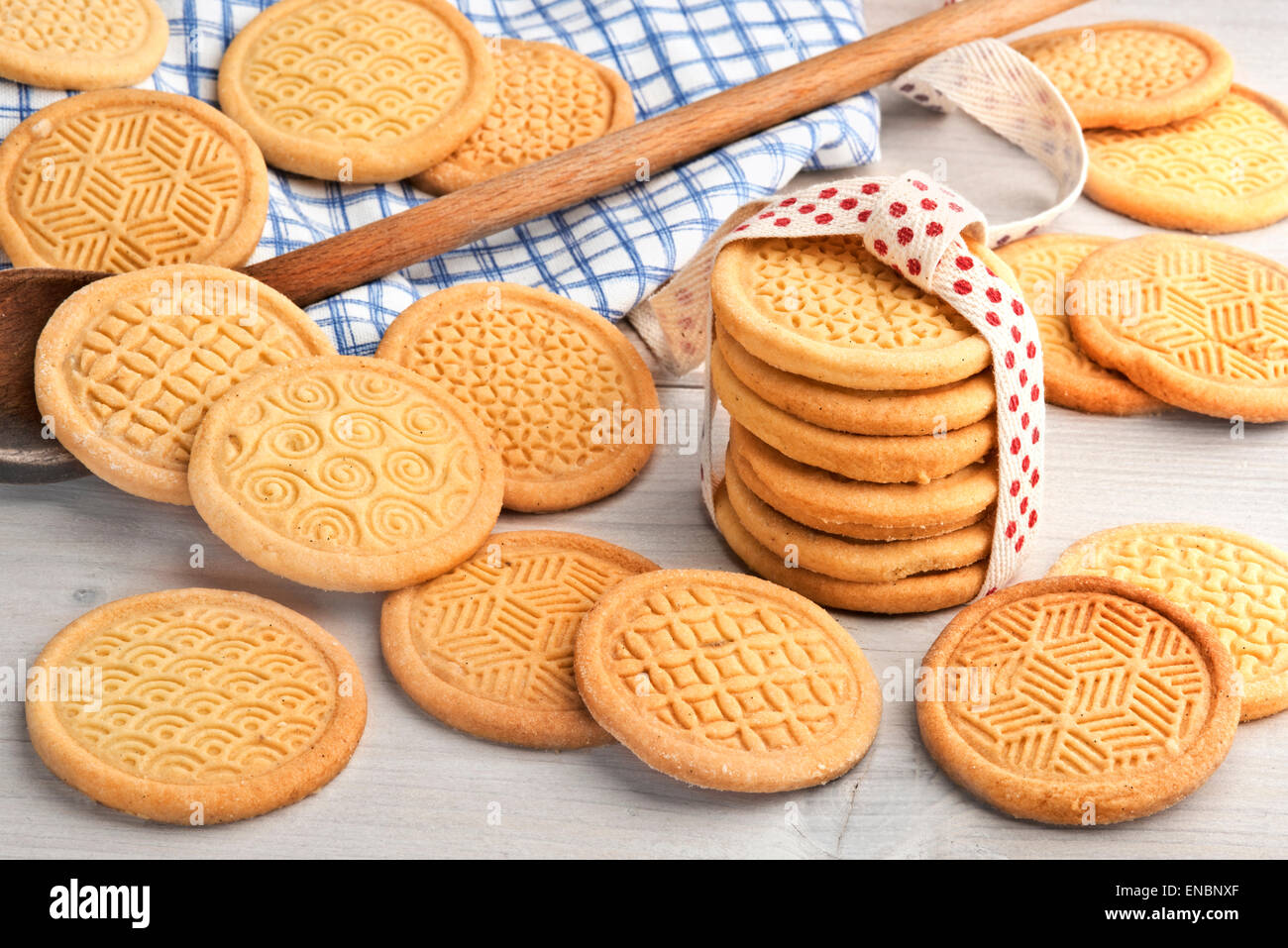 Hand stamped round butter cookies flavored by fresh vanilla seed Stock ...