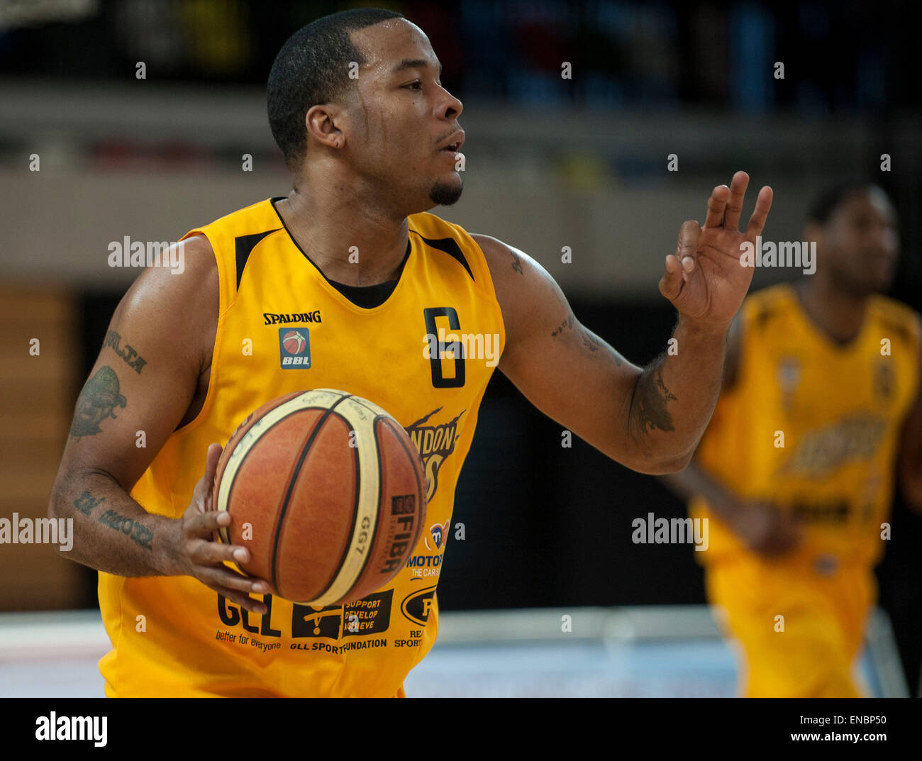 London, UK. 1st May, 2015. Lions Point Guard Rod Brown [#6] calls the ...