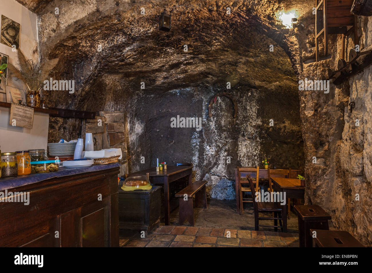 Cavernous, dark dining area in Civita di Bagnoregio, Italy Stock Photo ...