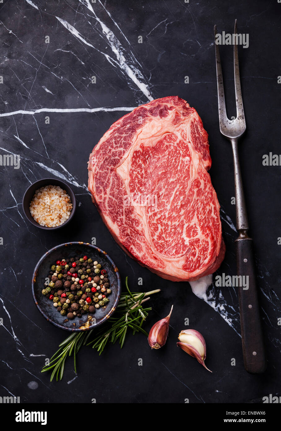Raw fresh marbled meat Black Angus Steak Ribeye, seasonings and meat ...