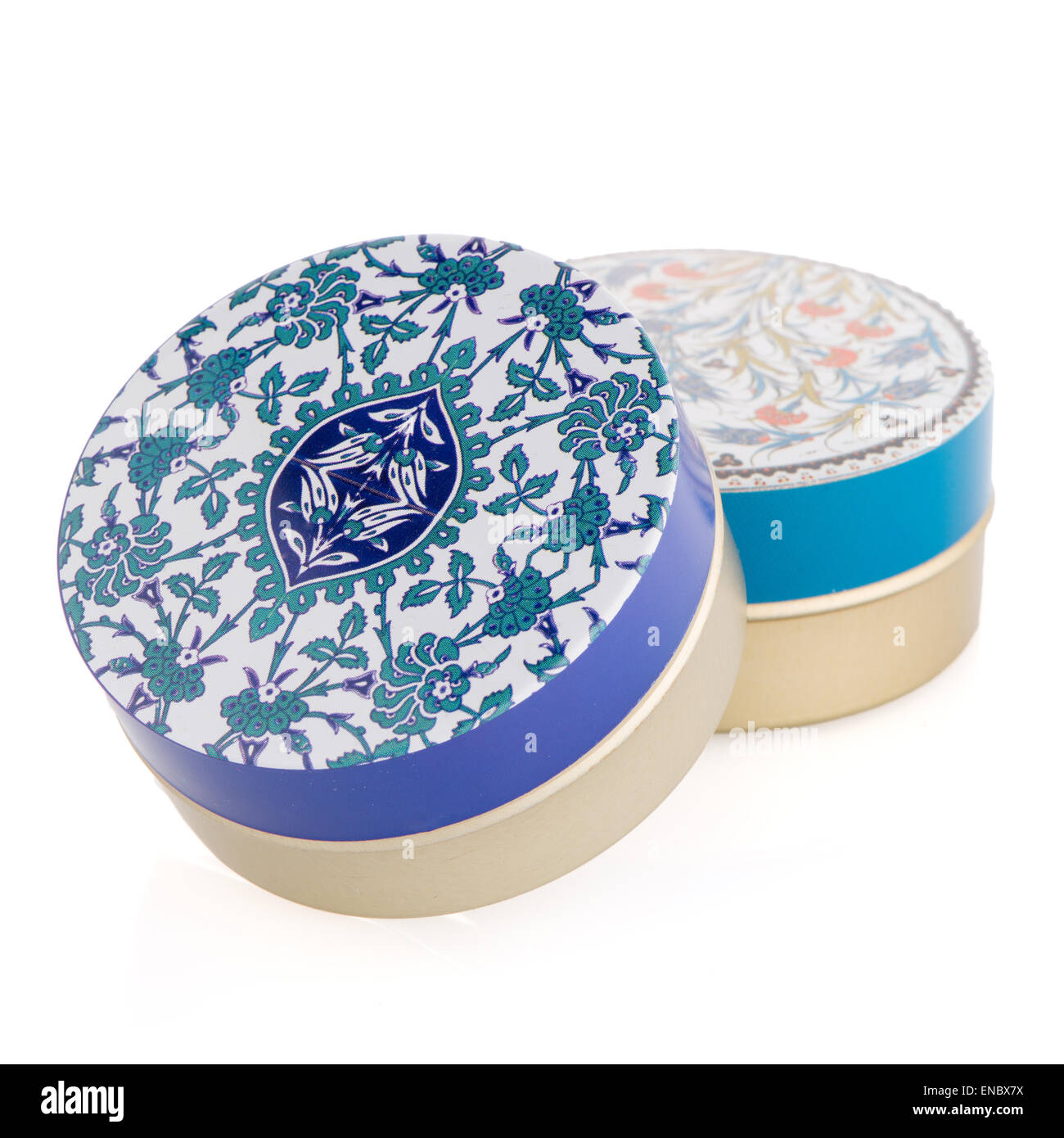 Beautiful vintage tin boxes on the white background Stock Photo - Alamy