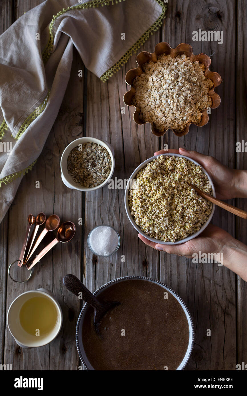The ingredients (oats, millet, buckwheat, oil, salt, and nuts) for ...