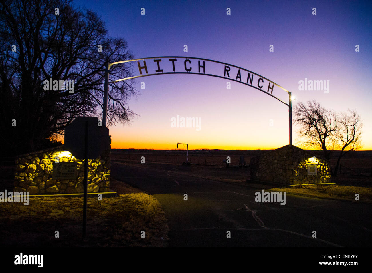 Hitch Ranch entrance at sunrise in the Oklahoma panhandle Stock Photo ...