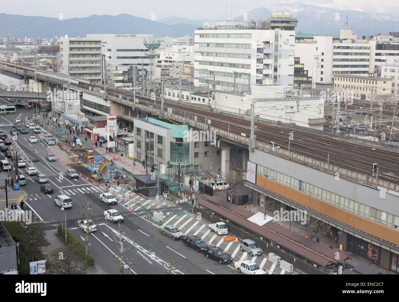 Kyoto cityscape focusing on the railway tracks into Kyoto train station ...