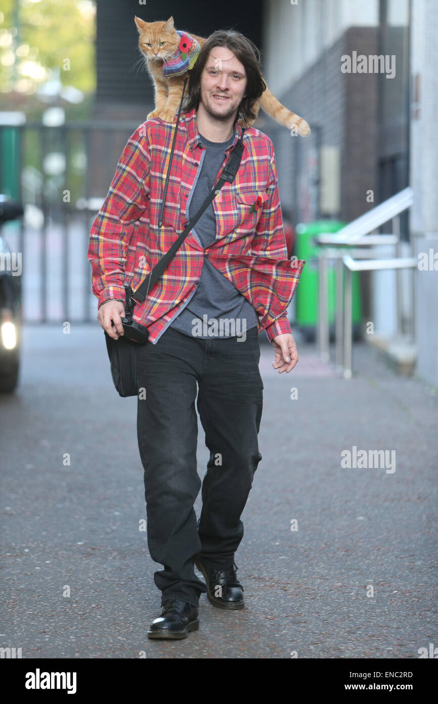 James Bowen and his cat Bob outside the ITV studios Featuring: James ...