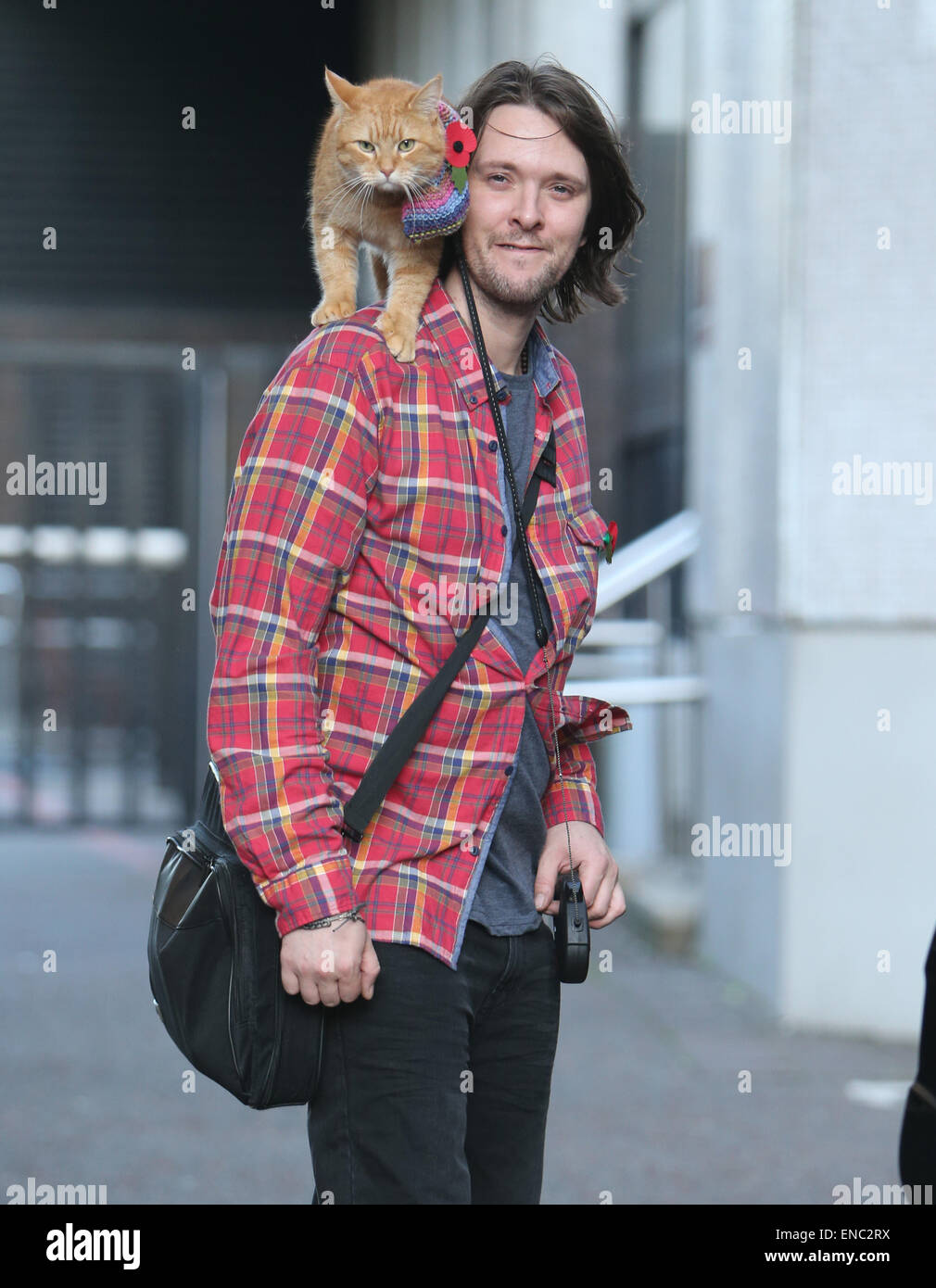 James Bowen and his cat Bob outside the ITV studios Featuring: James ...