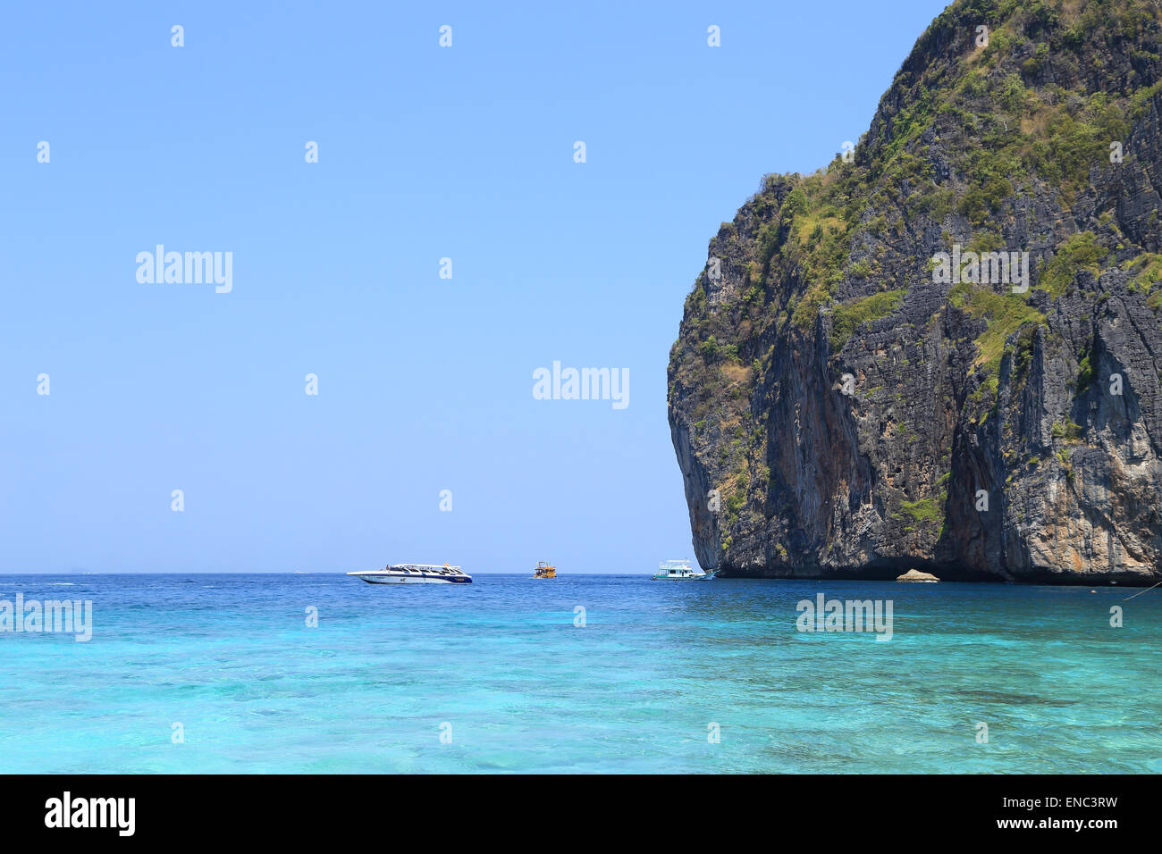 Maya Bay lagoon with Motor boat on turquoise water, Phi Phi island ...