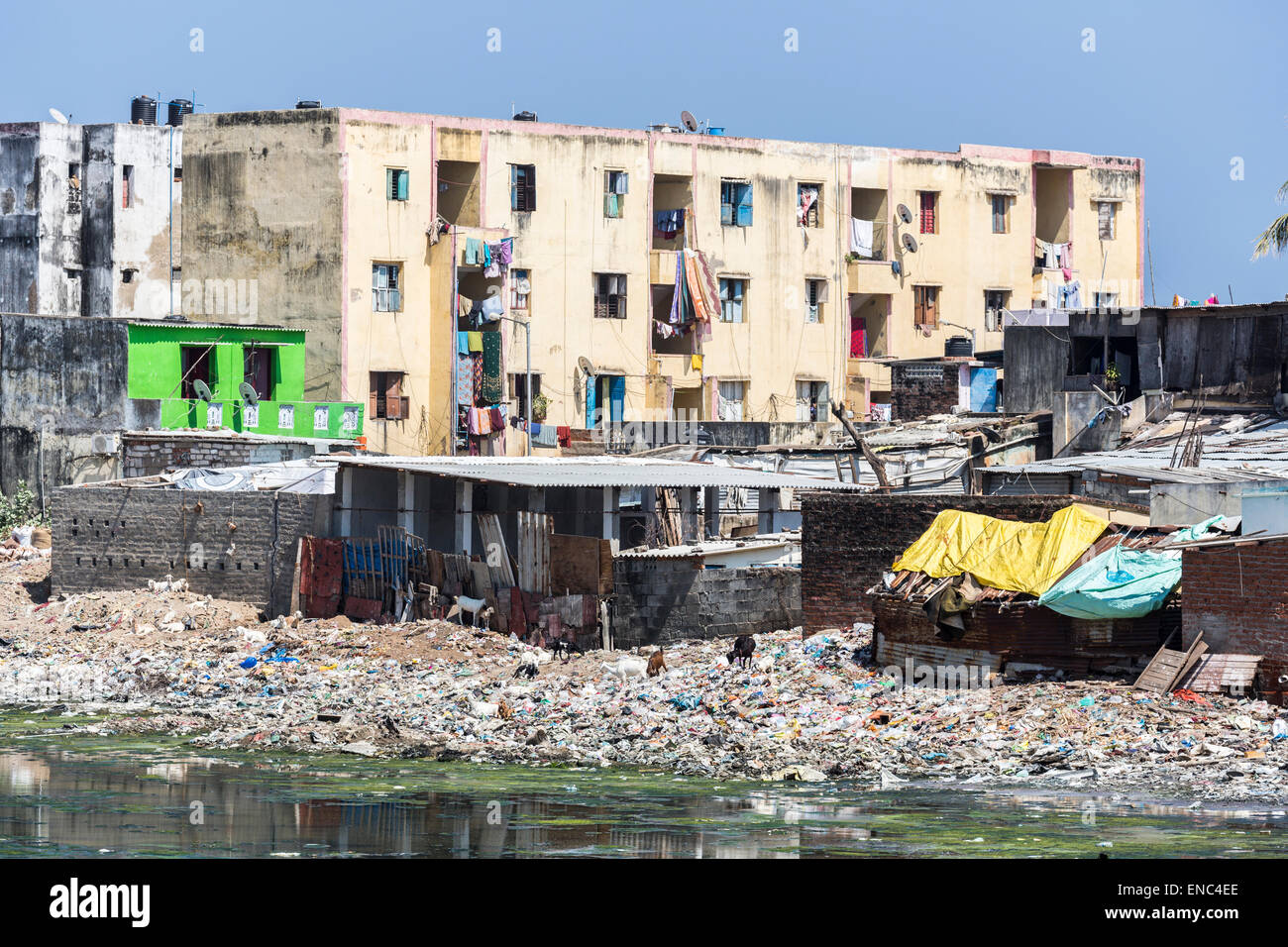 Third world Indian poverty lifestyle: Slums and apartment blocks on the ...