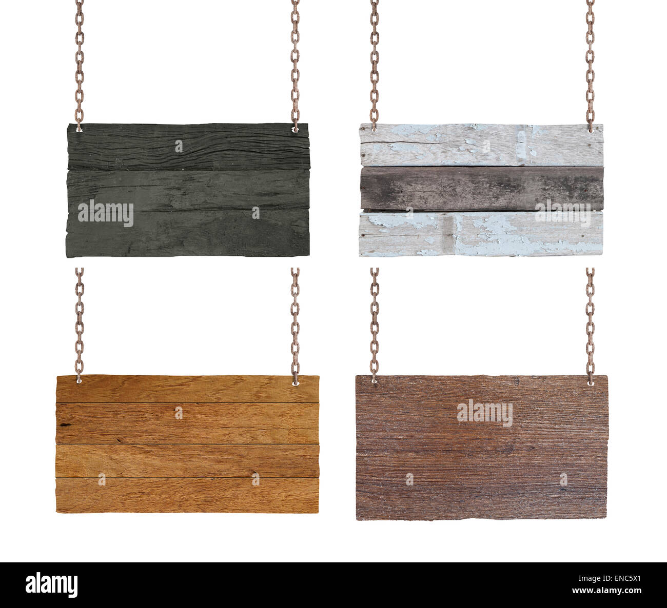 Set of wooden signs with chain on white background Stock Photo - Alamy