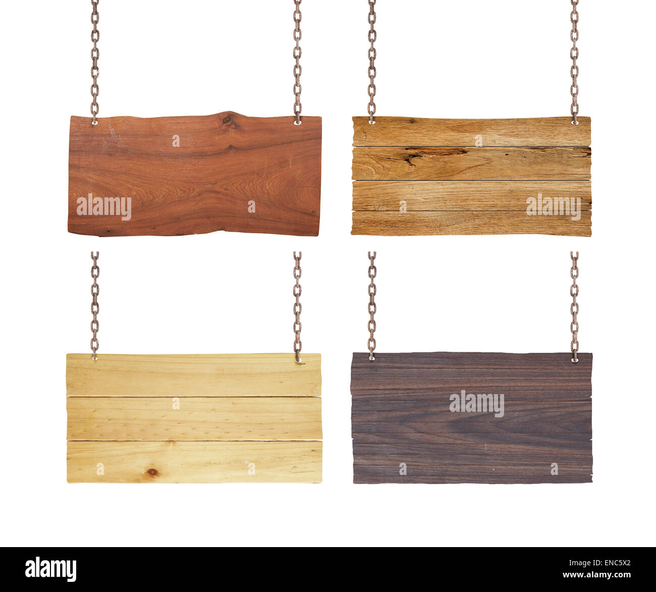 Set of wooden signs with chain on white background Stock Photo - Alamy
