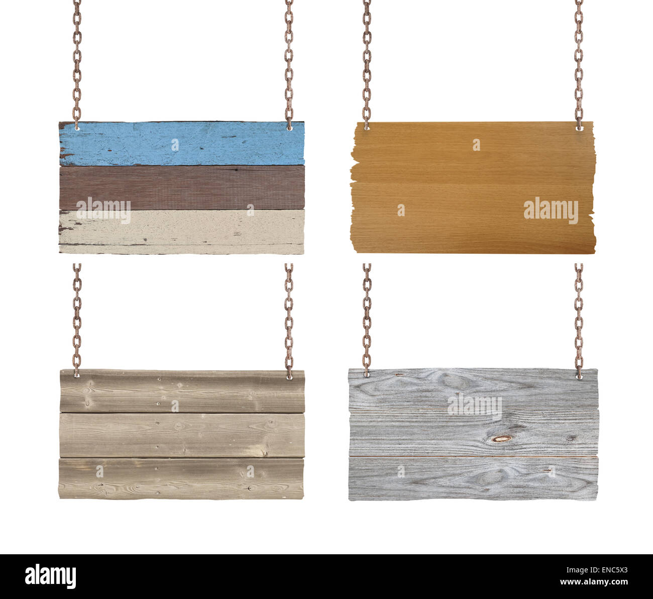 Set of wooden signs with chain on white background Stock Photo - Alamy