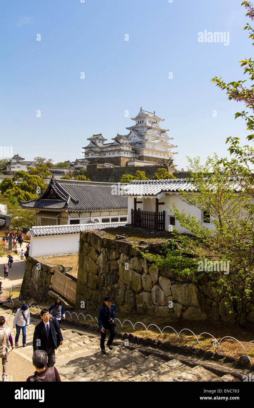 The approach to the Western Bailey at Himeji castle with the keep in ...