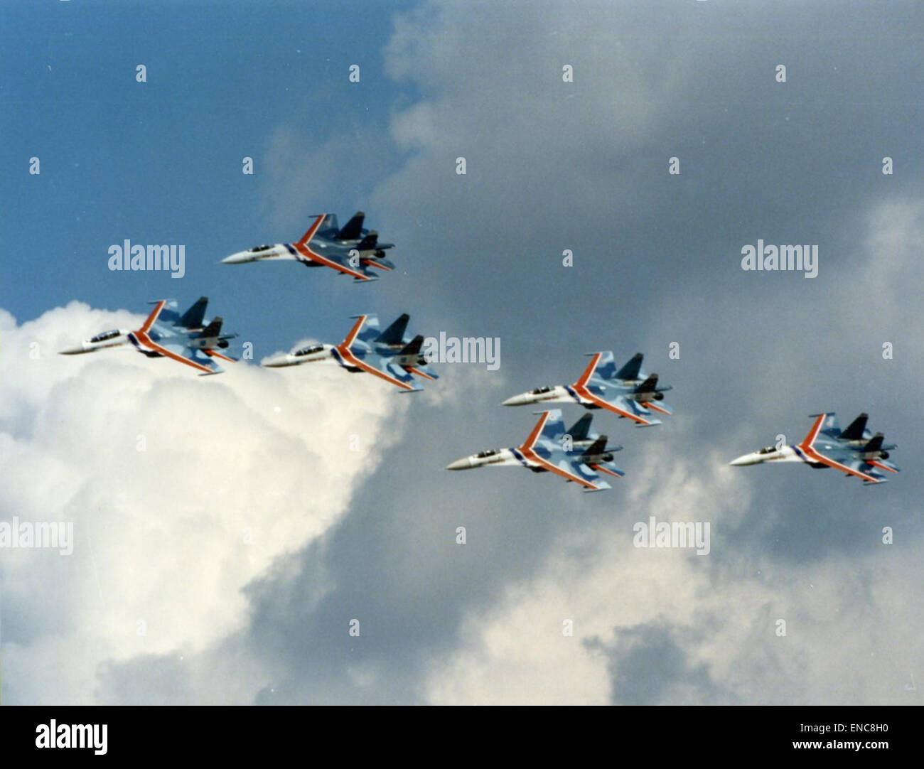 A photograph of a Sukhoi Su-27, a Soviet-made fighter jet, performing ...
