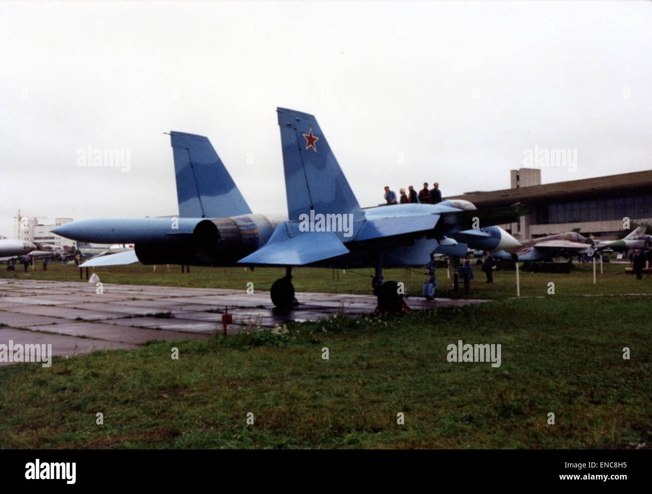 A photograph of a Sukhoi Su-27, a Russian-made fighter jet, displayed ...