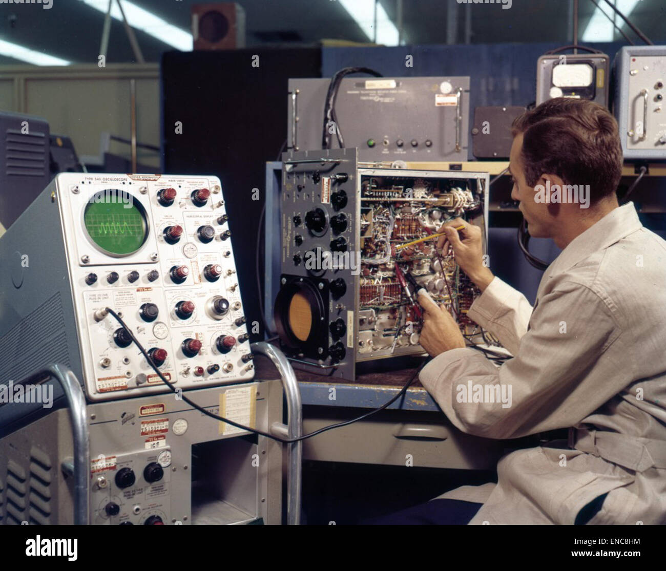 A photograph of a telemetering laboratory, focusing on the ...