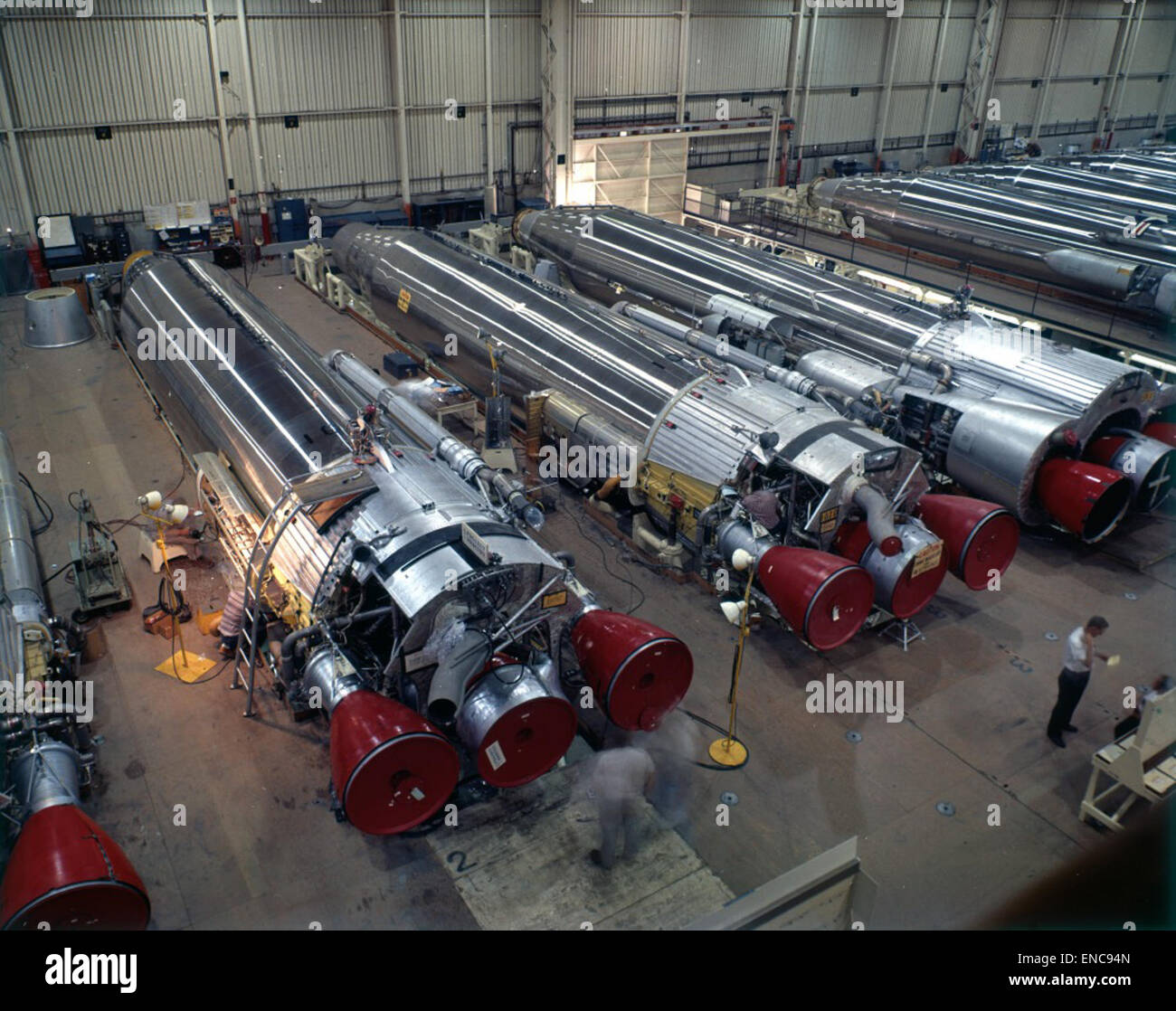 The Atlas 109D rocket is shown on the assembly line during its ...