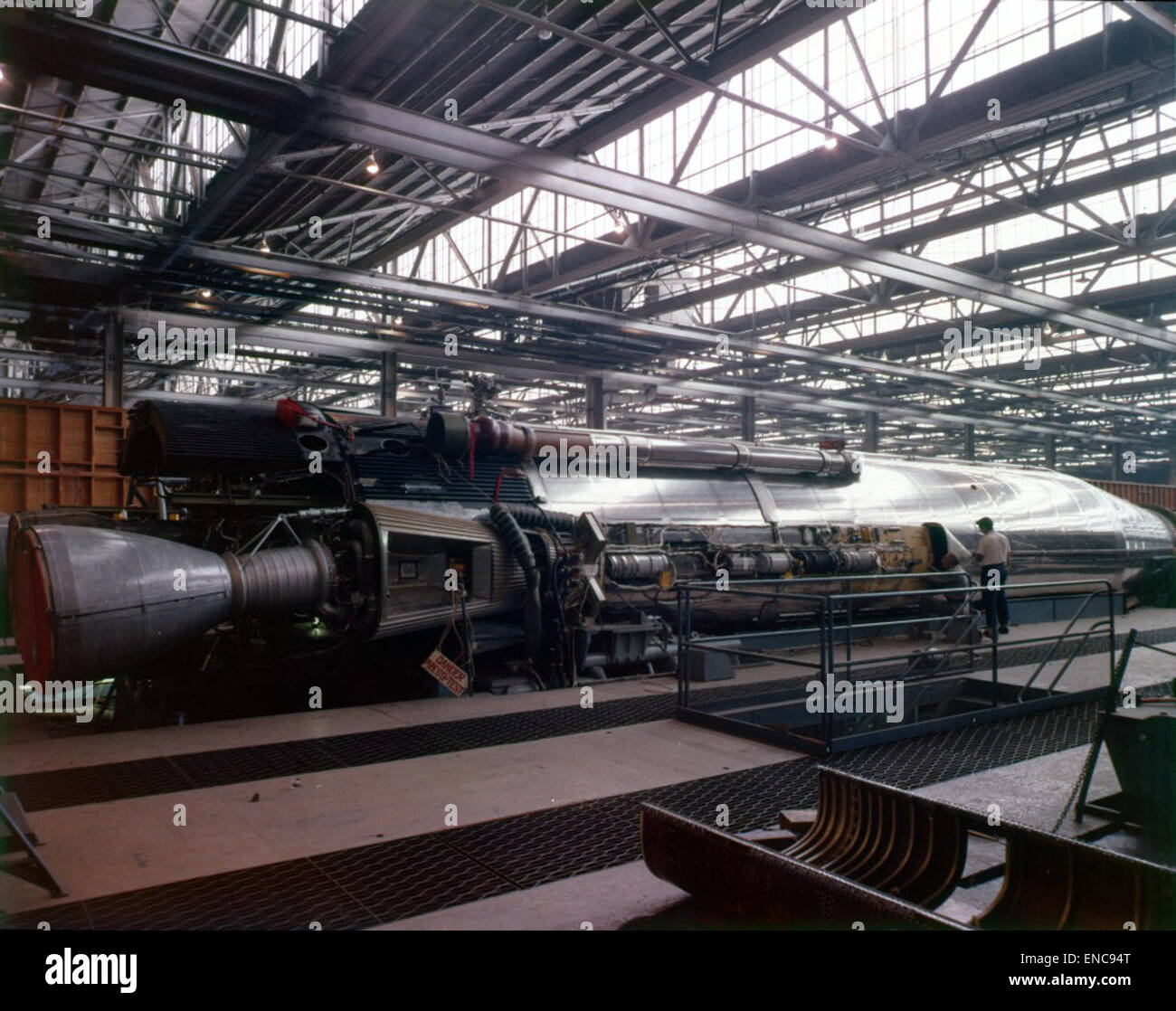 A photograph documenting the assembly of the Atlas 10B missile on ...