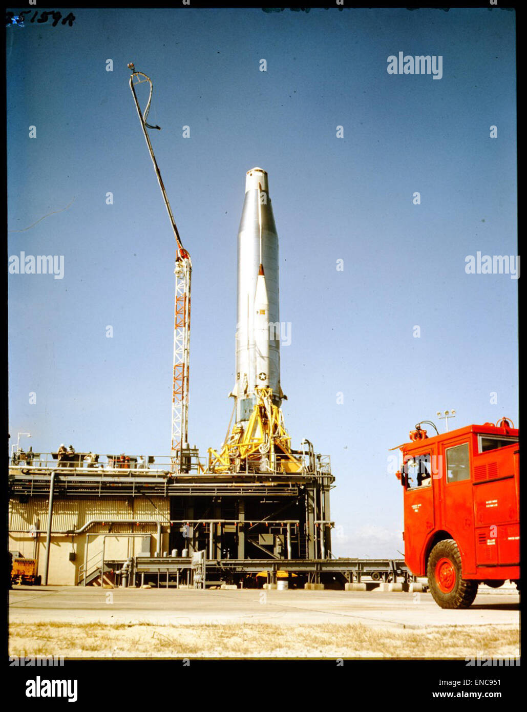 This photograph shows an Atlas 11B rocket on the launch pad at AMR LC ...