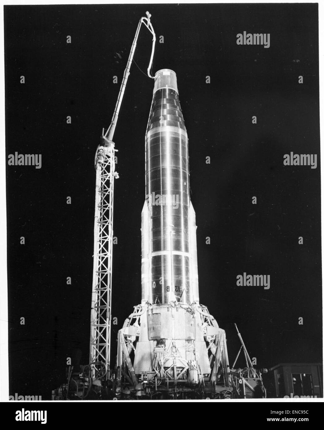 Photograph of the Atlas 13B missile on its launch pad before a test ...
