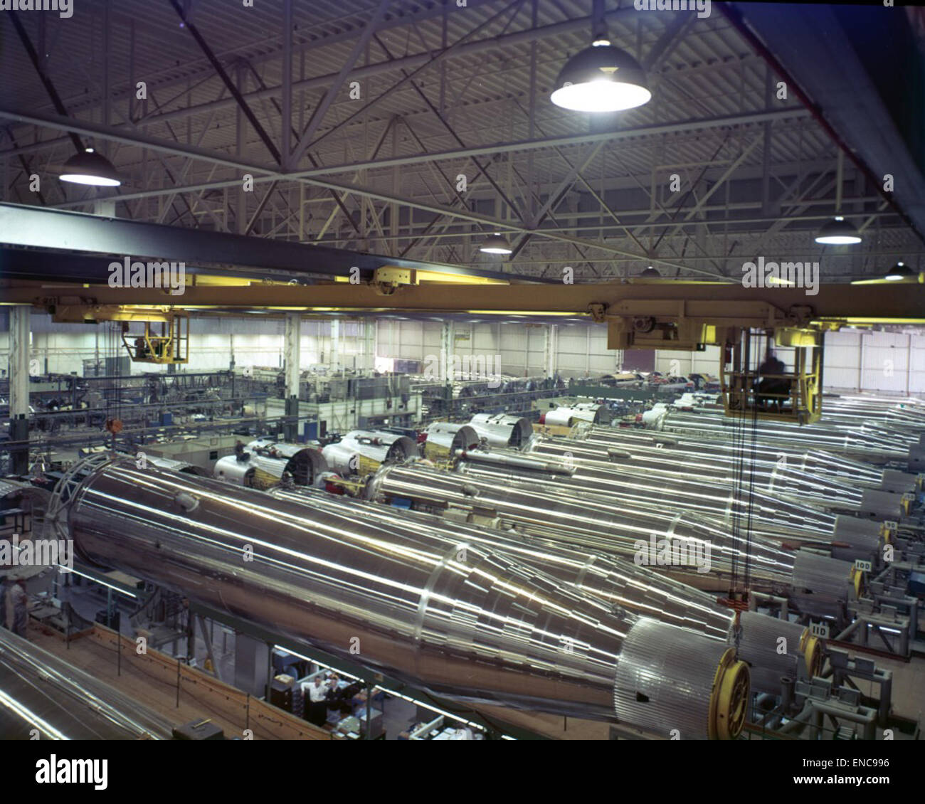 A photograph showing the assembly line of the Atlas 17D missile ...