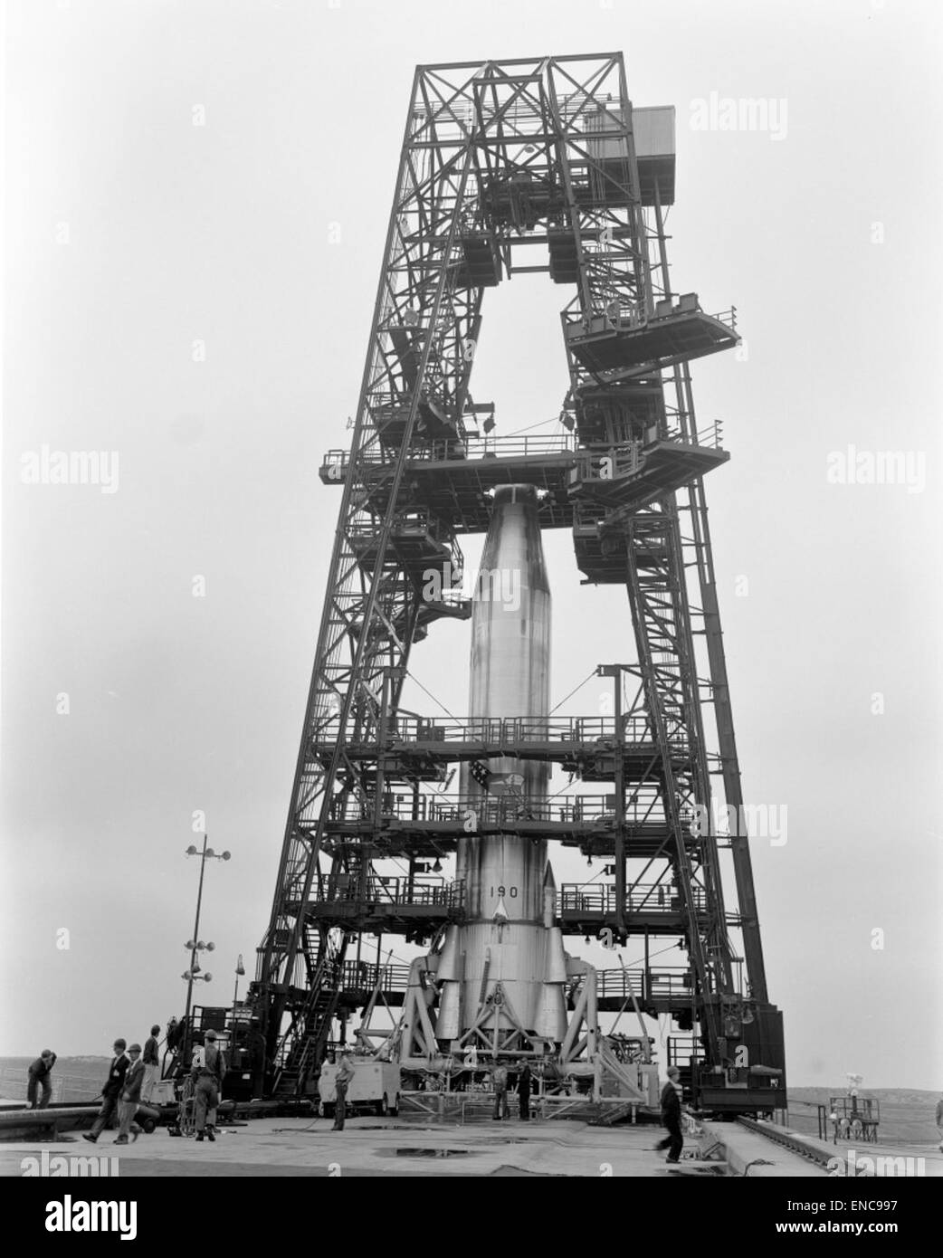 The Atlas 19D missile is shown on the launch pad, ready for its test ...