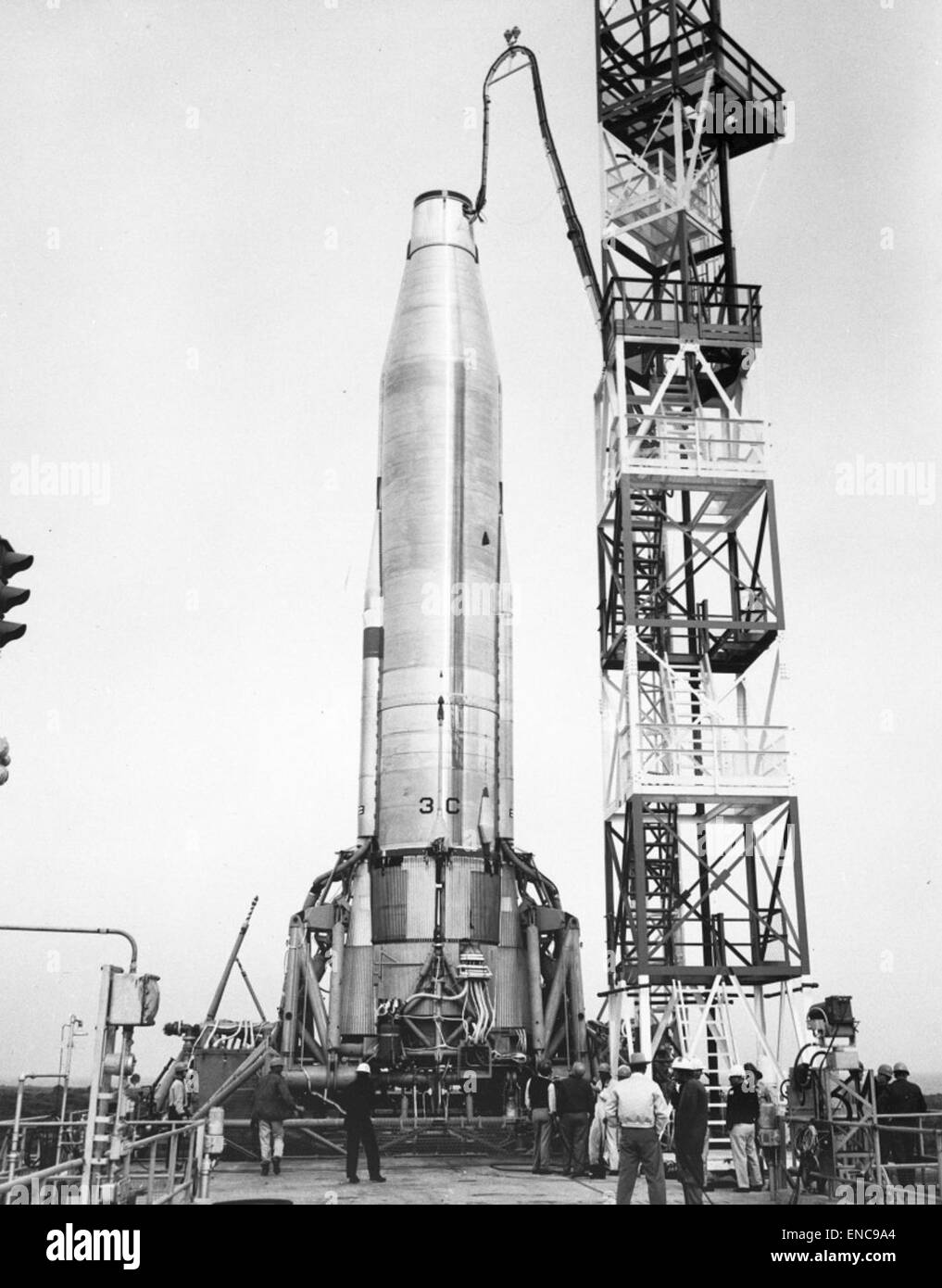 A photograph of the Atlas 3C missile on the launch pad, taken on ...