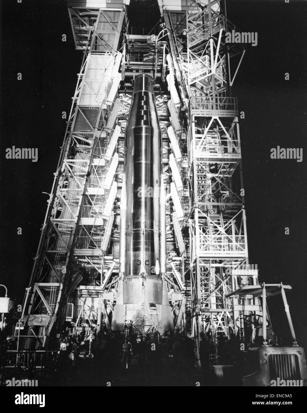 The Atlas 3C missile, displayed on its launch pad, is featured in this ...
