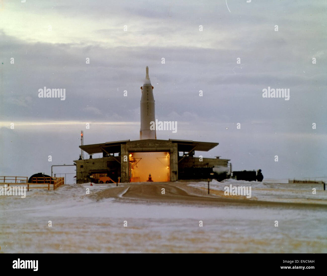 The Atlas 67D rocket being prepared for launch at Warren Air Force Base ...