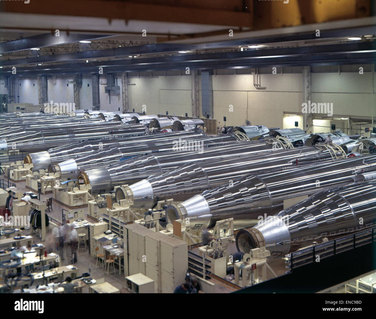 A photograph showing an overall view of the Atlas missile assembly line ...