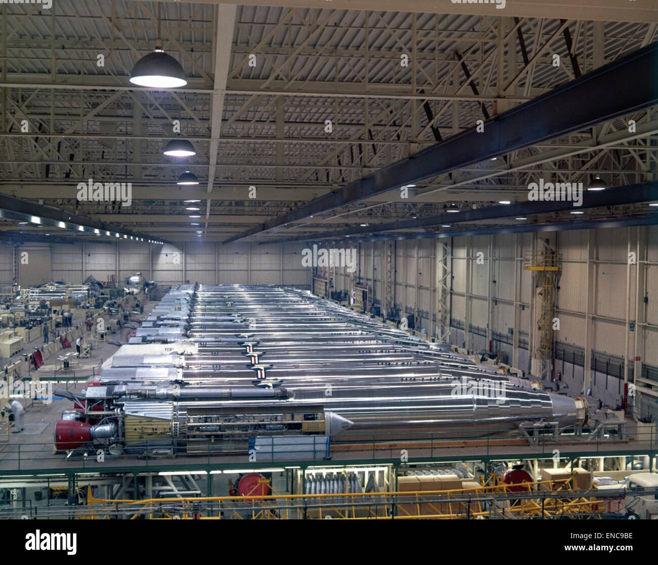 A photograph showing an overall view of the Atlas missile assembly line ...