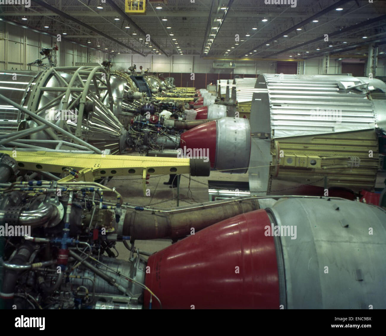 A photograph showing the assembly line of the Atlas missile system ...