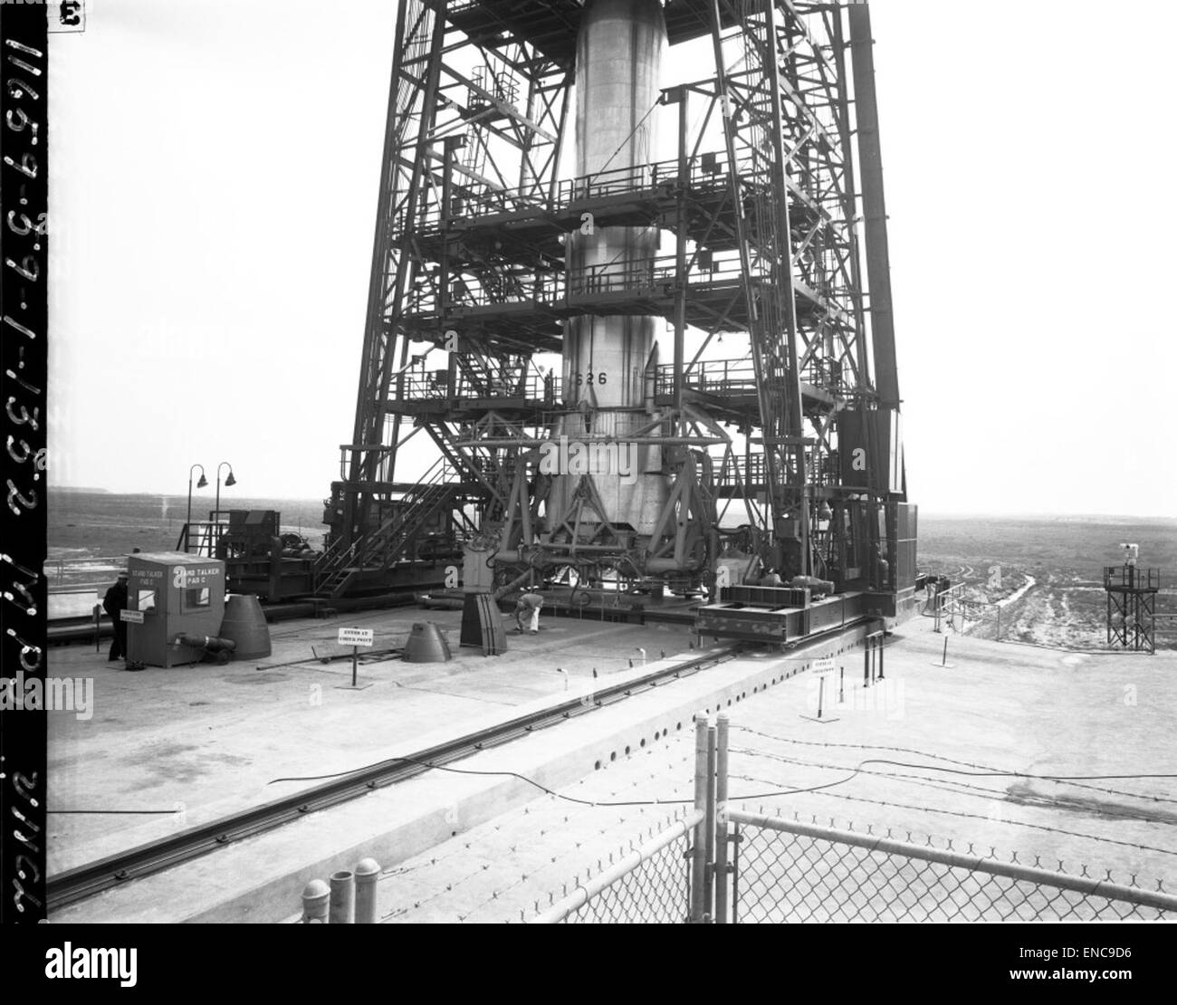 This image shows the Atlas missile positioned on the launch pad ...