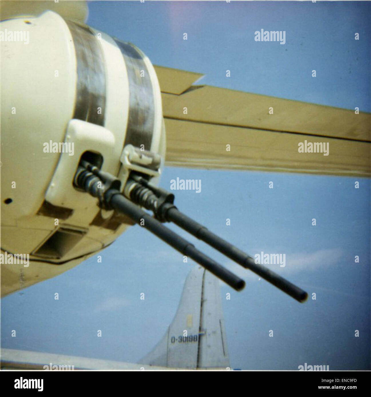 A close-up view of the tail gun of a B-36 Peacemaker bomber, showcasing ...