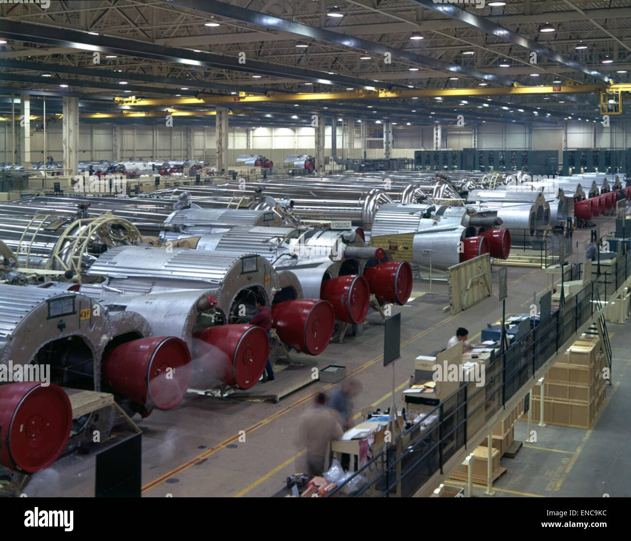 A photograph showing the Atlas missile assembly line at Building 5 ...